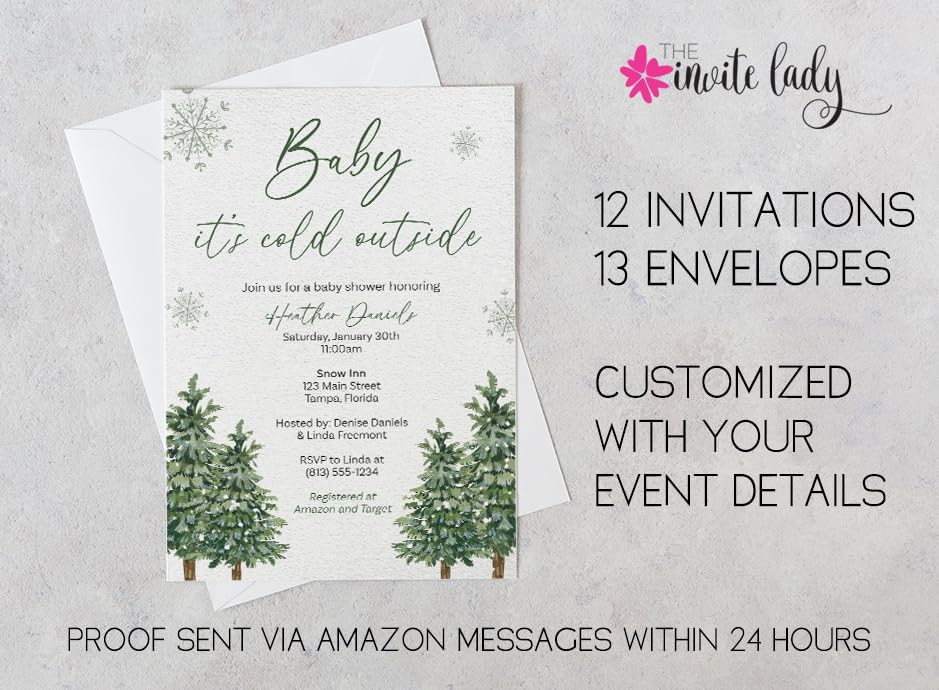 Baby It's Cold Outside Baby Shower Invitations Winter Invites Gender Neutral Unisex Trees Nature Green Snowflakes Snowfall Personalized Customized Custom Printed Cards (12 count)