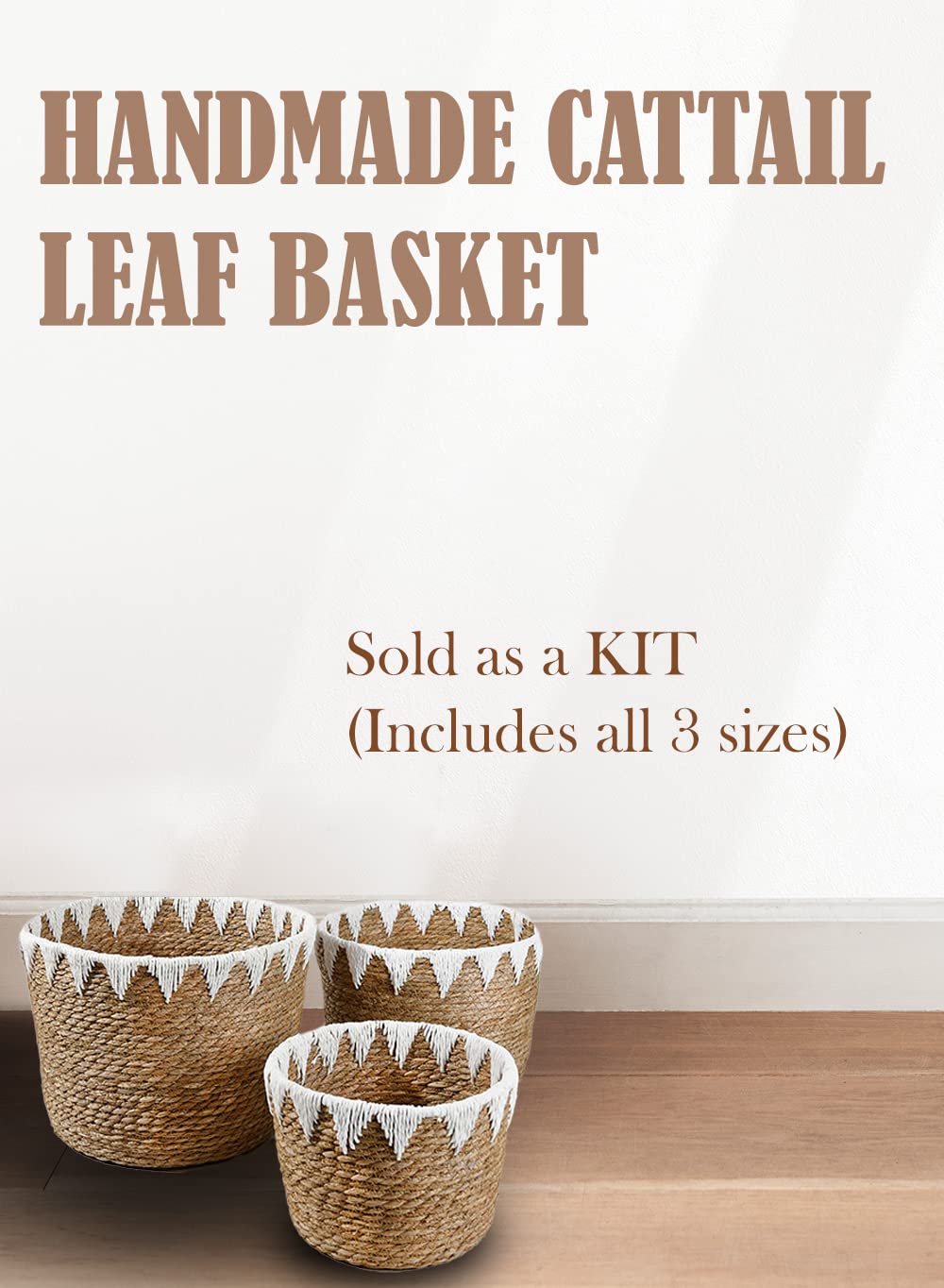 Serene Spaces Living Handmade Cattail Leaf Basket - Natural, Eco-Friendly & Durable - Perfect for Decoration, Storage, Potted Plant Cover/Cachepot or Gifting - KIT of 3 (Each in 3 Different Sizes)