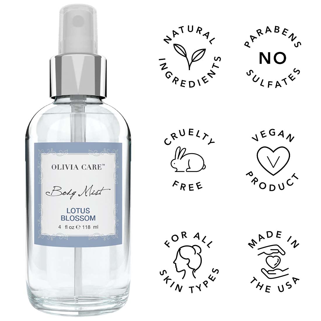 Olivia Care Body Mist Spray Made with Natural Lotus Blossom Fragrance Scent - Refreshing, Soothing & Cooling- Eliminate Odor with Fresh Aroma