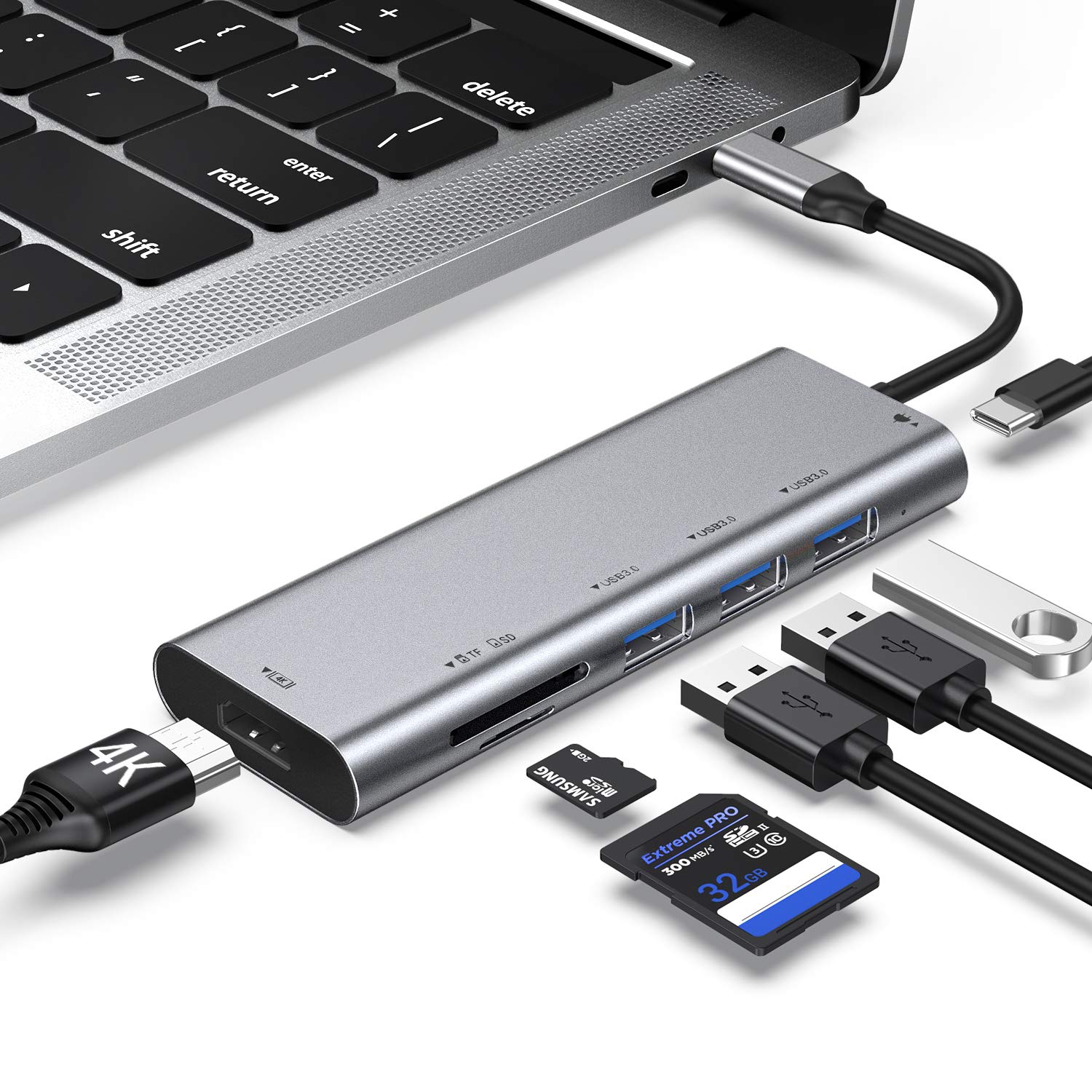USB C Hub Adapter, 7 in 1 Type C Hub Macbook Pro Accessories Multiport Adapter with 4K HDMI, USB C Power Delivery, 3 USB 3.0 Ports, SD and TF Card Reader Compatible MacBook Pro and More USB C Devices