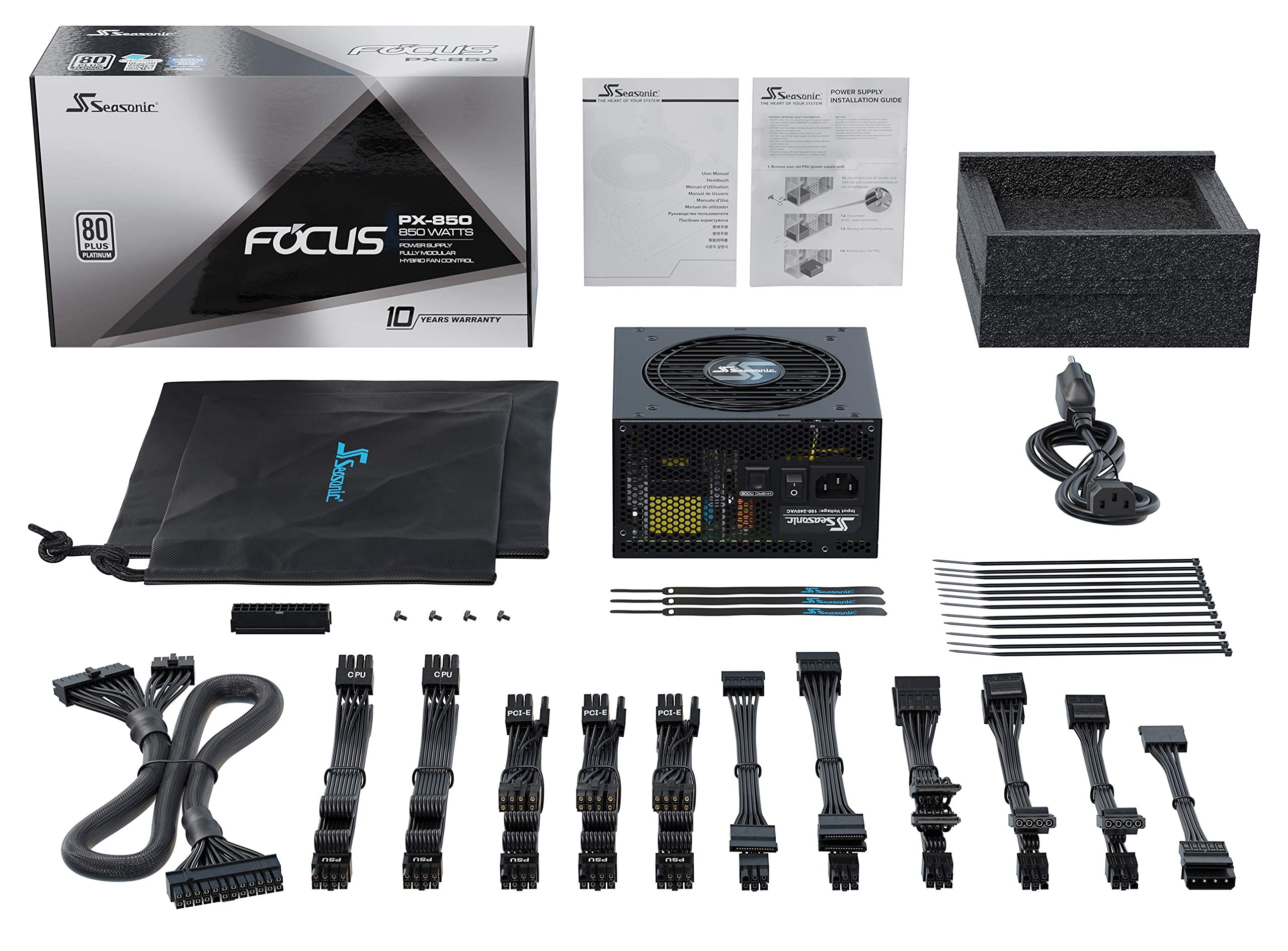 Seasonic FOCUS PX-850 | 850W | 80+ Platinum | Full-Modular | ATX Form Factor | Low Noise | Premium Japanese Capacitor | 10 Year Warranty | Nvidia RTX 30/40 Super & AMD GPU Compatible (Ref. SSR-850PX)