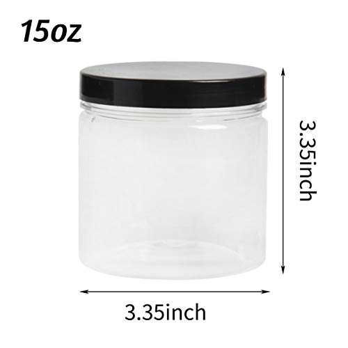 SBYURE 6 Pack 15 oz Round Clear Plastic Jars With Black Lids,Round PET Airtight Containers for Kitchen & Household Food Storage,Dry Goods,Honey,Nuts and More