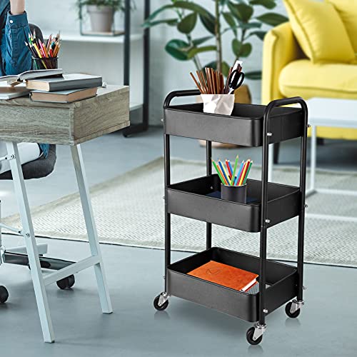 ABCOOL 3-Tier Metal Storage Organizer Rolling Utility Cart - Home Kitchen Bathroom Bedroom Office Classroom Laundry Cleaning Supplies Bar Craft Shelf Cart with Caster Wheels, College Dorm Essentials