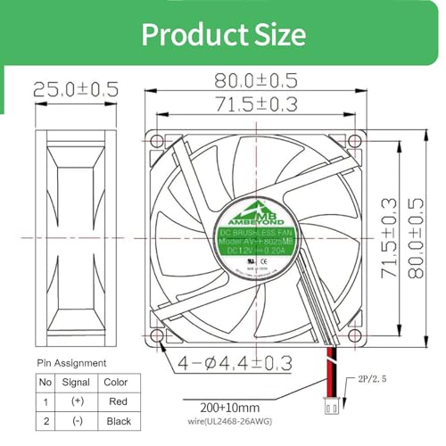 Security-01 80mm by 80mm by 25mm 8025 12V DC 0.20A Dual Ball Bearing Brushless Cooling Fan 2pin AV-F8025MB UL CE