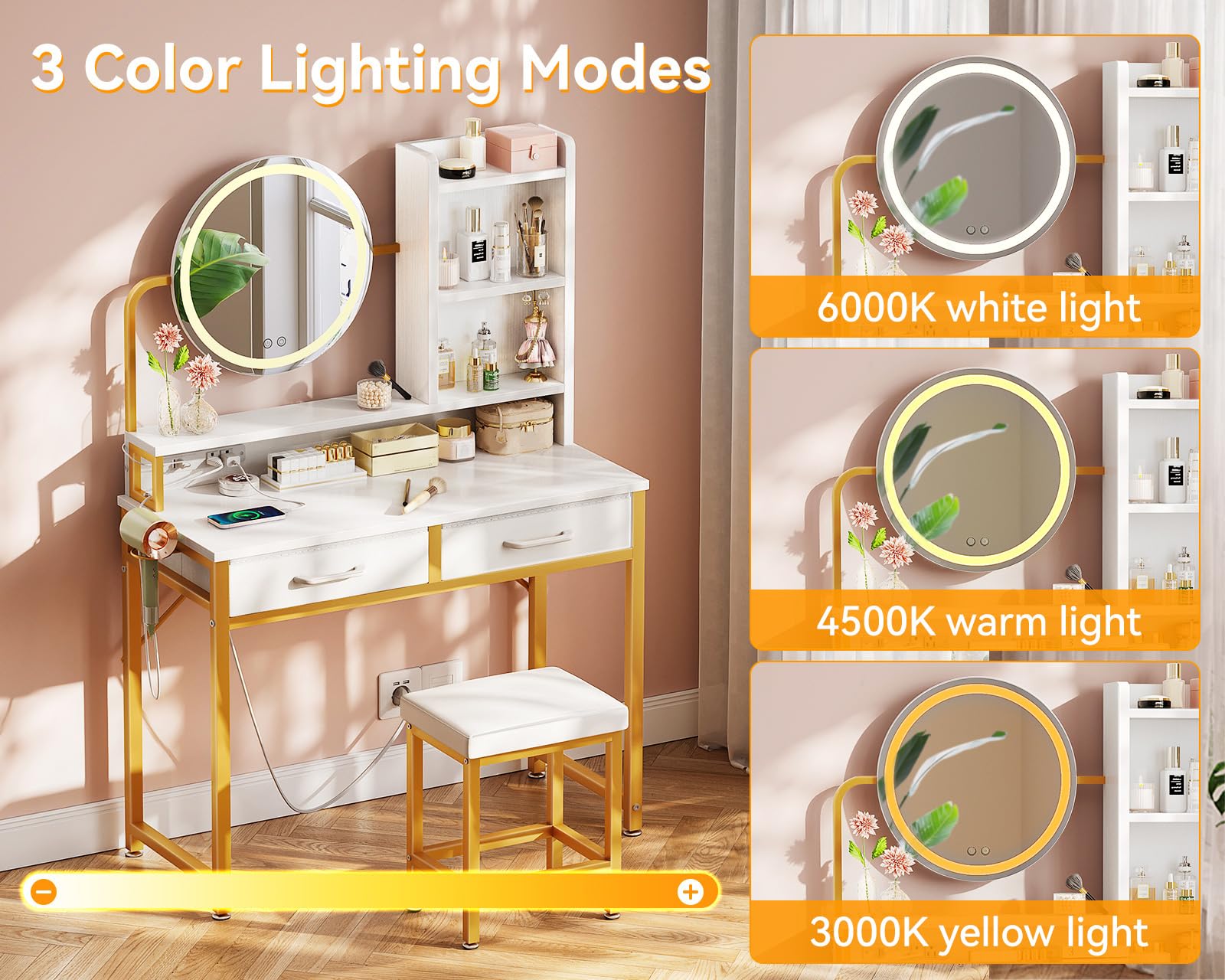 AODK Vanity Desk with Mirror and Lights, 32 Inch Makeup Vanity Mirror with Lights Desk and Chair, Small Vanity Desk Mirror for Bedroom, White Vanity Table with Fabric Drawers Makeup Table Desk, White