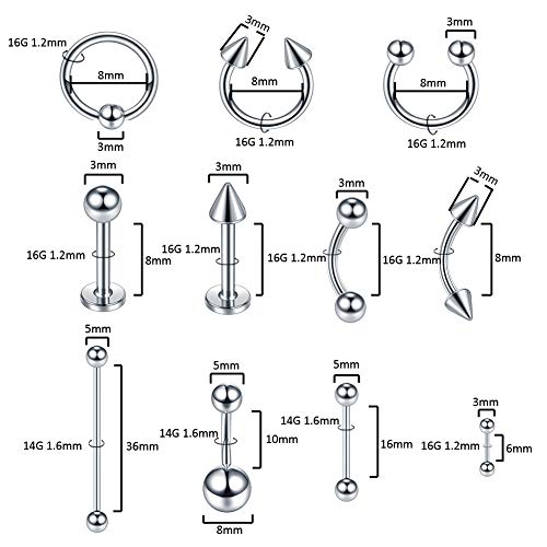 Xpircn 140PCS Piercing Kit Stainless Steel 14G 16G Nose Lip Tongue Tragus Daith Eyebrow Industrial Barbell Belly Button Rings Body Piercing Tools (Silver)