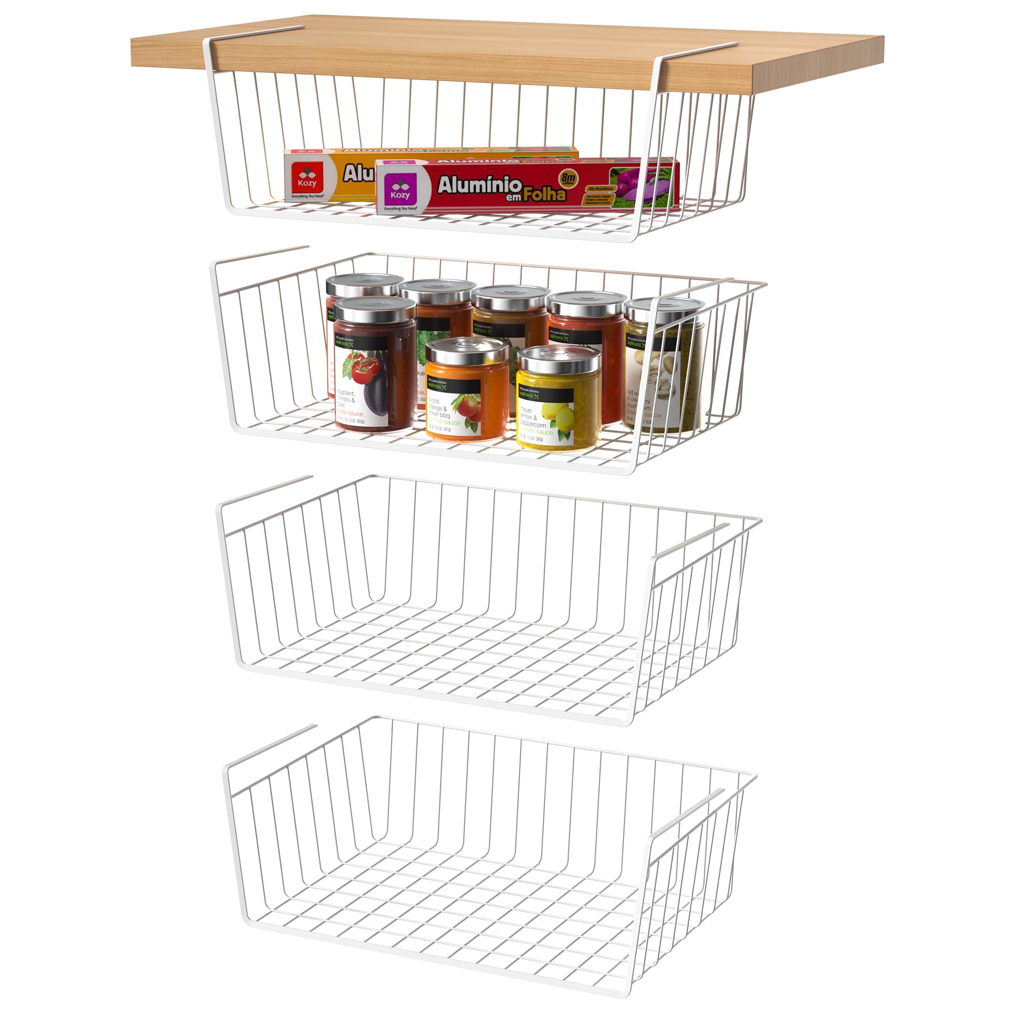 Bellsal Under Shelf Basket, 4 Pack Metal Hanging Wire Shelf Under Shelf Storage, Slides Under Cabinet Shelf, Space Saving for Kitchen Pantry Office Bathroom Bookshelf Under Shelf Organizer, White