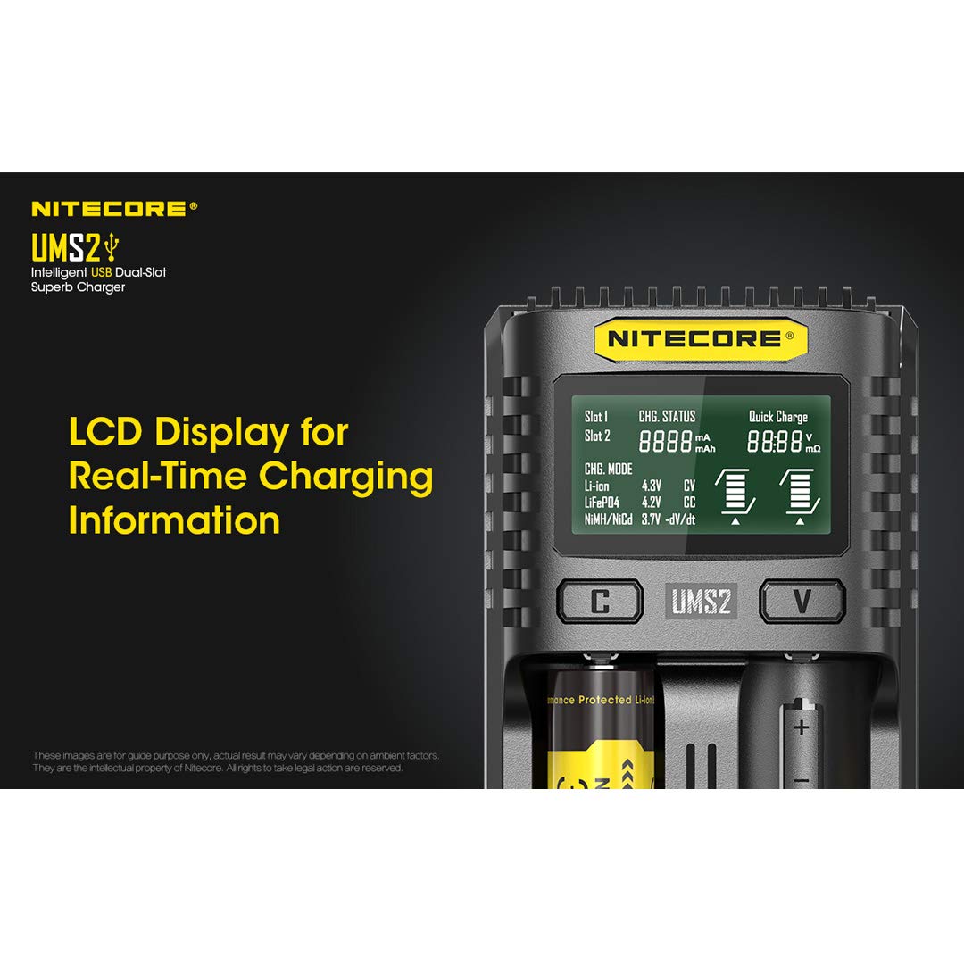 Nitecore UMS2 Intelligent USB Dual-Slot Quick Battery Charger for Li-Ion/Ni-MH/Ni-Cd/IMR 16340 14500 18650 21700 20700 AA AAA and More Batteries, with LumenTac Battery Organizer