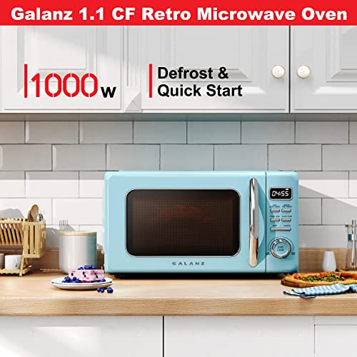 Galanz GLR31TBEER Retro Compact Refrigerator, Mini Fridge with Dual Doors, 3.1 Cu FT, Blue & GLCMKZ11BER10 Retro Countertop Microwave Oven with Auto Cook & Reheat, Defrost, 1.1 cu ft, Blue