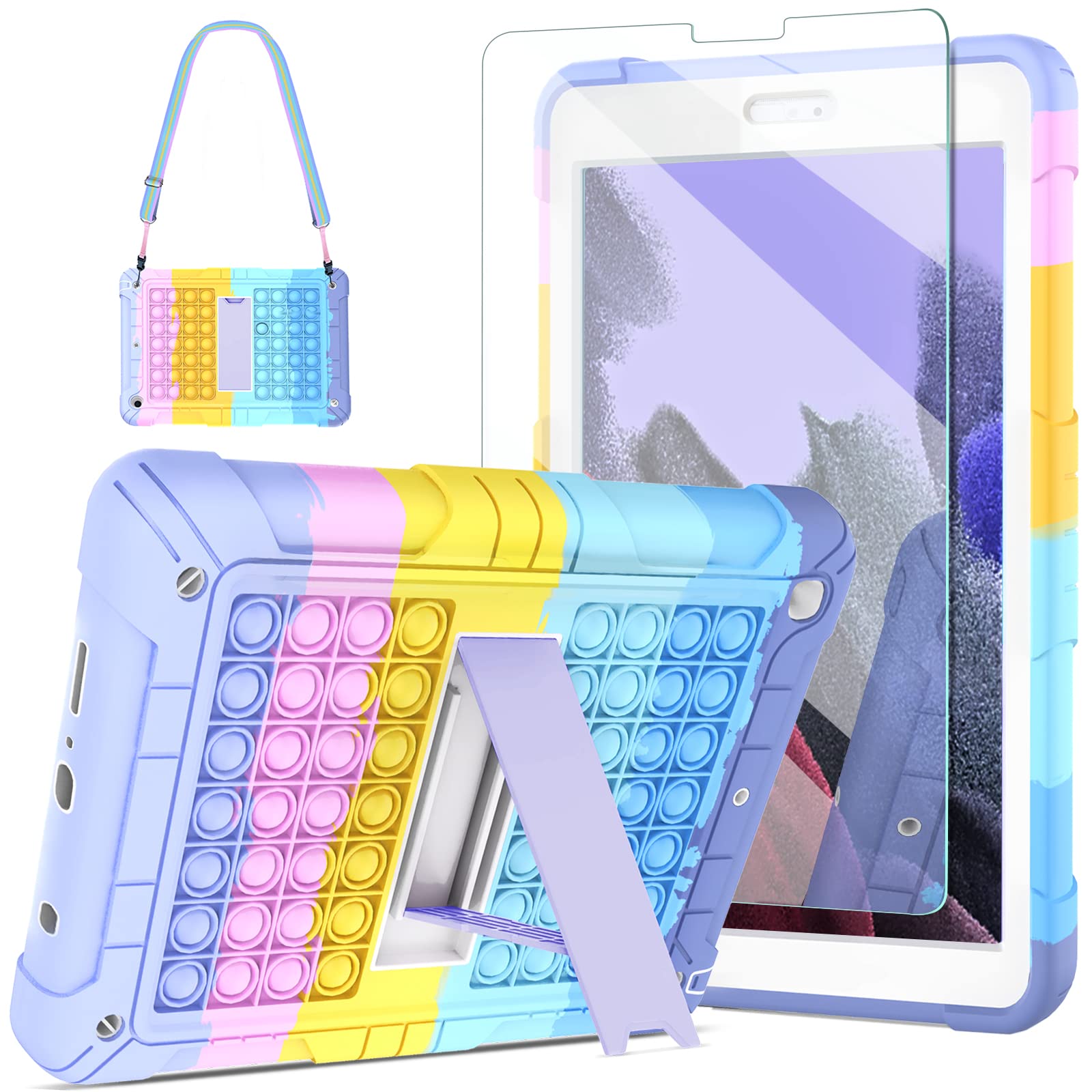 A7 Lite 8.7 inch Case 2021,[Kid Proof] Ambison Full Body Case with Tempered Glass Screen Protector,Push Popit Fidget Case, Shoulder Strap for Kids(Purple)