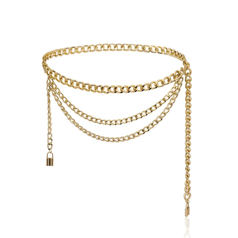 3-layer Chain Belts for Women Waist Chains Lock Pendant Tassels Layered Silver/Gold Waist Chain Belt (Gold Belt)