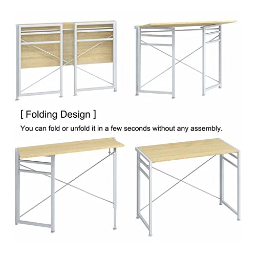4NM 35.4" Wide Foldable Modern Writing Desk with Fabric Storage Side Catty for Papers and Storage 4 Hooks for Bedroom or Office, White