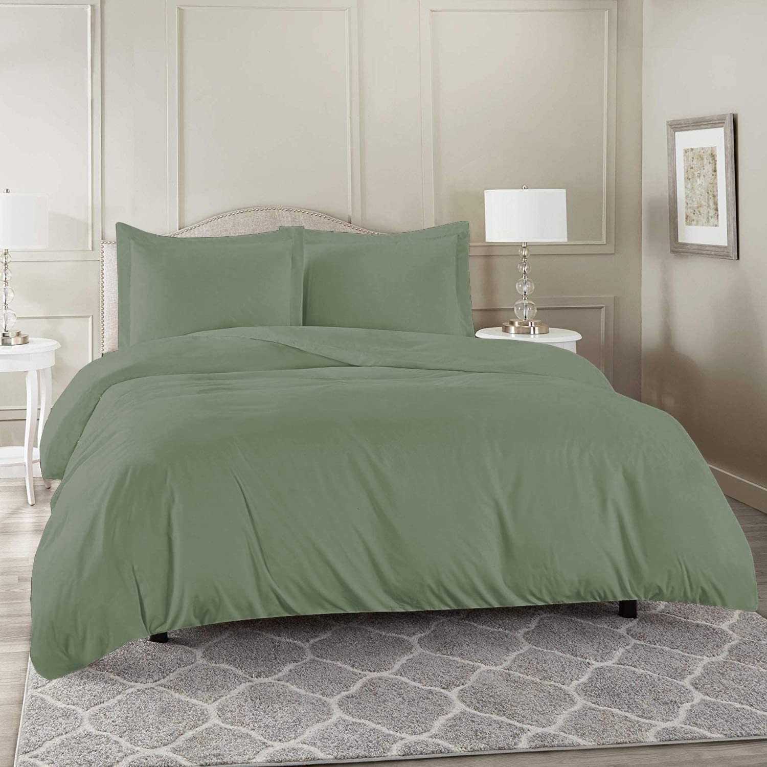 Super King Plus Size (120" x 120") Inch, 3Pcs Duvet Cover Set Zipper Closer & Corner Ties, 800 Thread Count 100% Egyptian Cotton, Duvet Cover Soft and Easy Care - Sage Solid