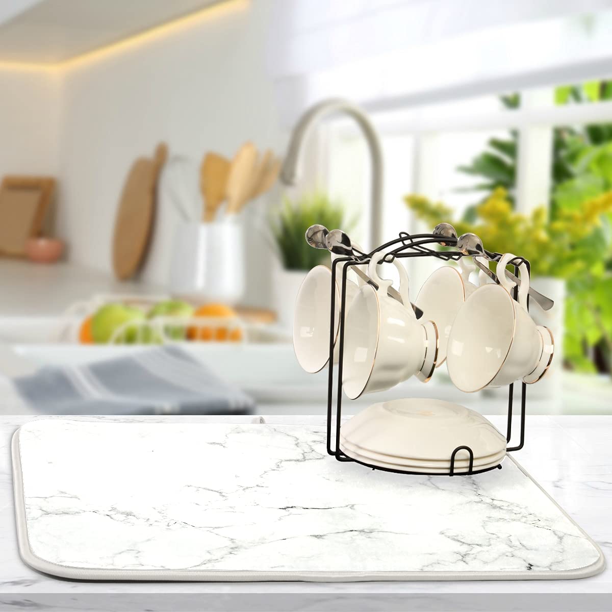 Absorbent Dish Drying Mat for Kitchen Counter - Marble Print Microfiber Drying Pad, Reversible Drainer Mats for Countertop, Medium 16 x 18 inch