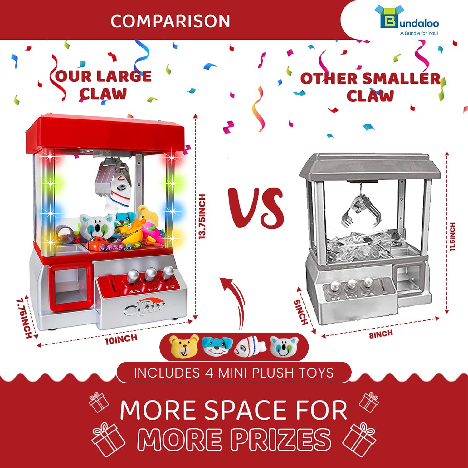 Bundaloo Claw Machine Arcade Game - Electronic Mini Candy and Toy Grabber Dispenser for Kids - with Lights Sound & 4 Mini Plush Animals (Red)