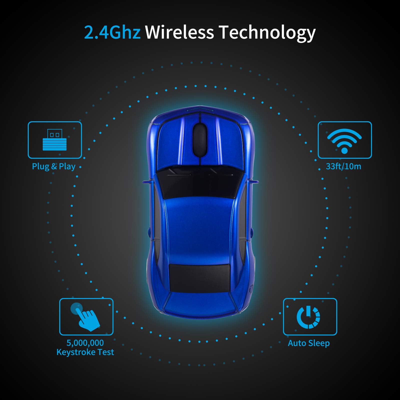 BKLNOG Wireless Car Mouse [Updated] with LED Headlights, 1600 DPI Sports Car Shaped Mouse for Mac, Computers, Blue