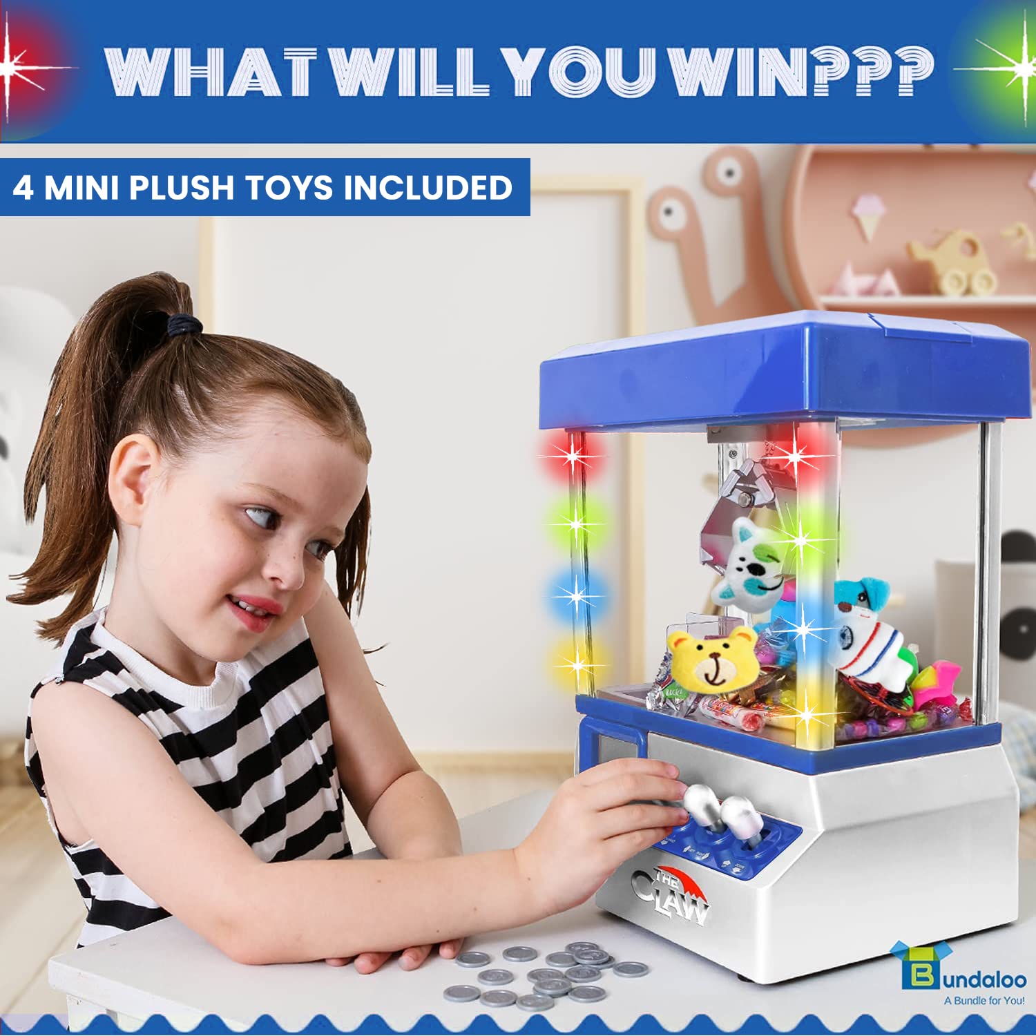 Bundaloo Claw Machine Arcade Game - Electronic Mini Candy and Toy Grabber Dispenser for Kids - with Lights Sound & 4 Mini Plush Animals (Blue)