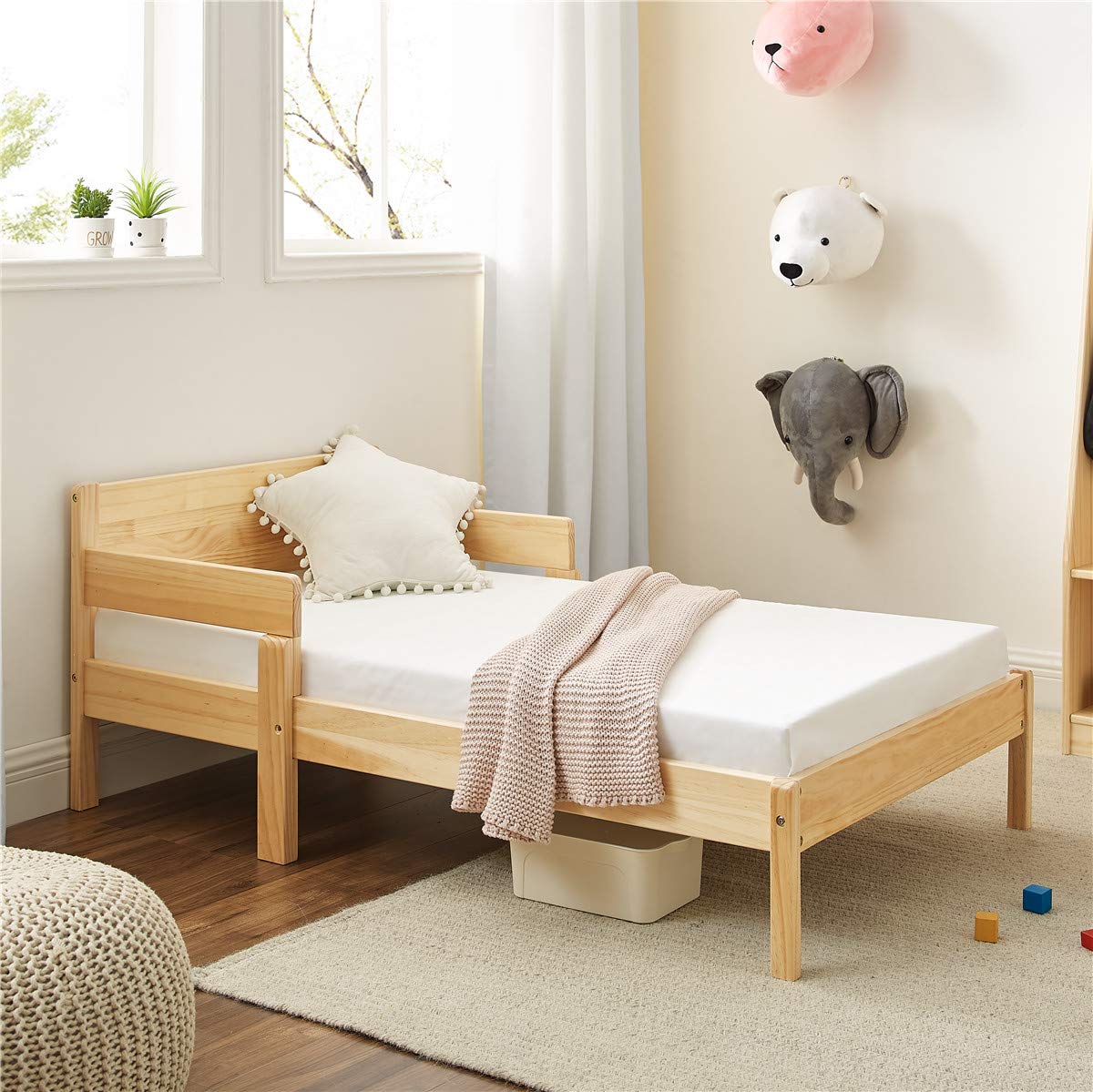 MUSEHOMEINC 2 in 1 Convertible Bed,Multifunctional Solid Wood Twin Bed 2 Side Guardrails, Bed Frame Convert to one Chair/Sofa, Fits Standard Crib Mattress,(Mattress not Included)