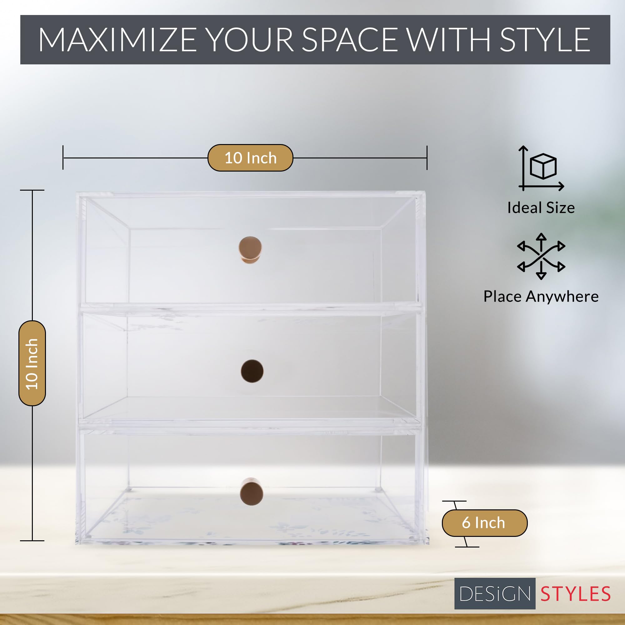 Papyrus Acrylic Vanity Organizer – 3 Drawer Desk Organizer with Gold Drawer Pulls – Clear Drawers for Bathroom, Desk, Vanity – Small Storage Cabinet