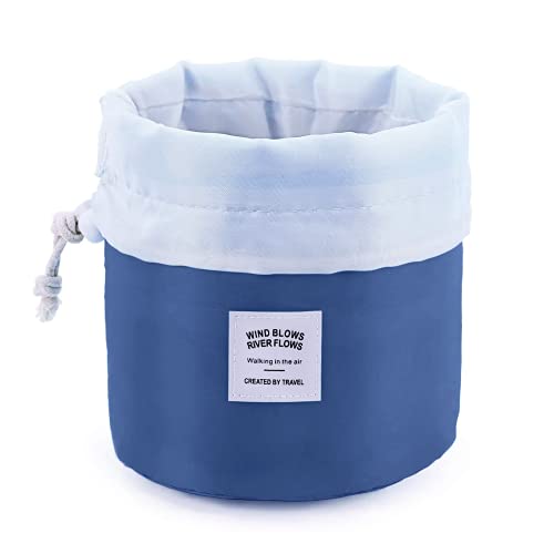 EUOW Travel Cosmetic Bags Barrel Makeup Bag,Women Portable Foldable Cases, Multifunctional Toiletry Bucket Bags Round Organizer Storage Pocket Soft Collapsible(Deepblue)
