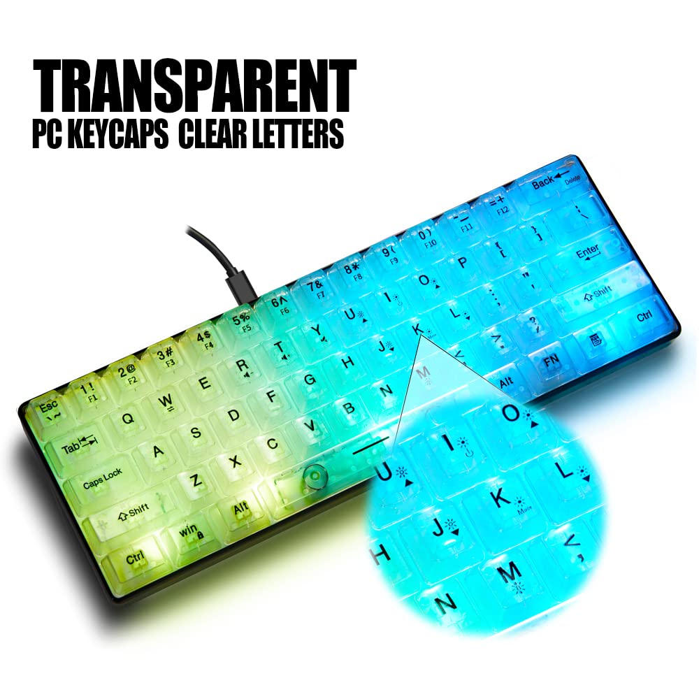 7KEYS 60% Percent Gaming Keyboard, 61 Keys Colorful RGB Backlight Transparent, Portable and Compact, Anti-ghosting Gaming Keys, USB-C Detachable Wired Cable for Mac, Laptop, PC Gaming