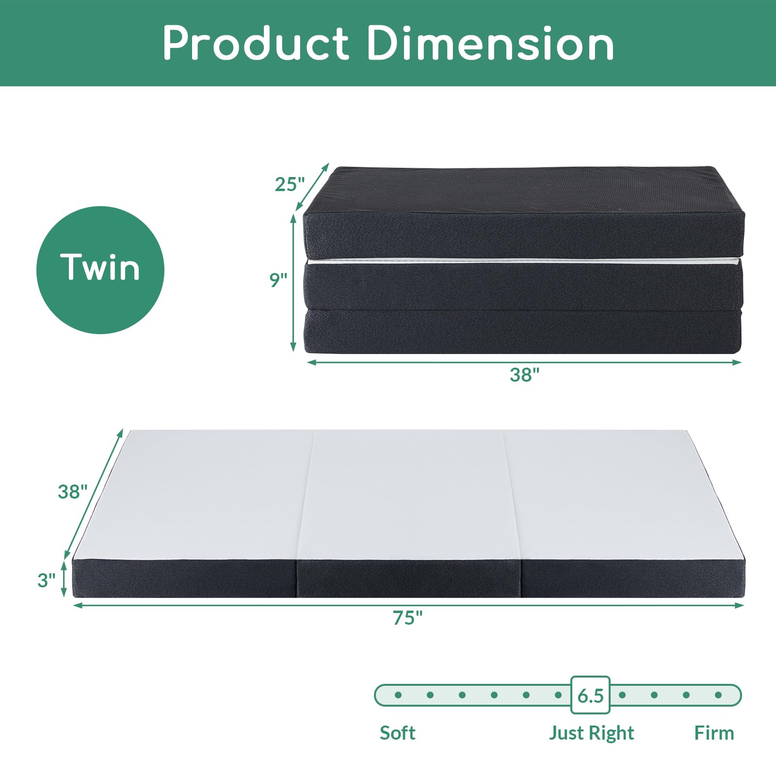 Airdown Tri-Fold Memory Foam Mattress, 3 inch Twin Folding Mattress with Washable Cover, Foldable Mattress Portable for RV Camping, Guest Mat, Easy Storage, 75"×38"×3"