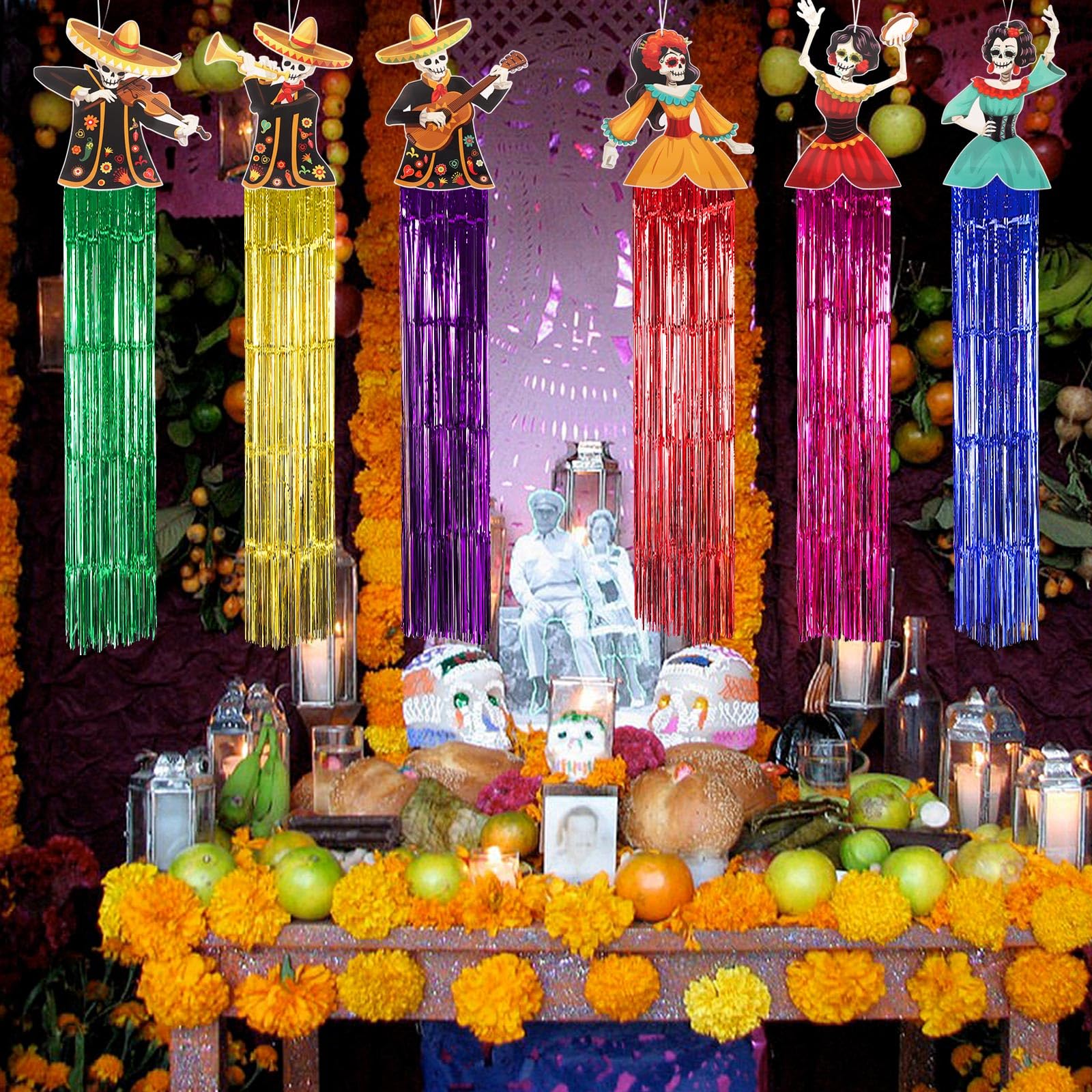 6pieces Halloween Decorations Day of The Dead Skull Decors Creepy Skeleton Sugar Skull Hanging Halloween Decorations Mexican Fiesta Dia De Los Muertos Supplies for Indoor Outdoor Halloween Party Decor