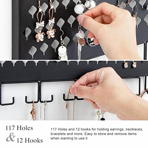 JackCubeDesign Wall Mounted Jewelry Organizer, Earring Necklace Bracelet Holder Display Hanger with 117 Holes & 12 Hooks (Black, 16.54 x 12.2 x 0.75 inches) - MK319A