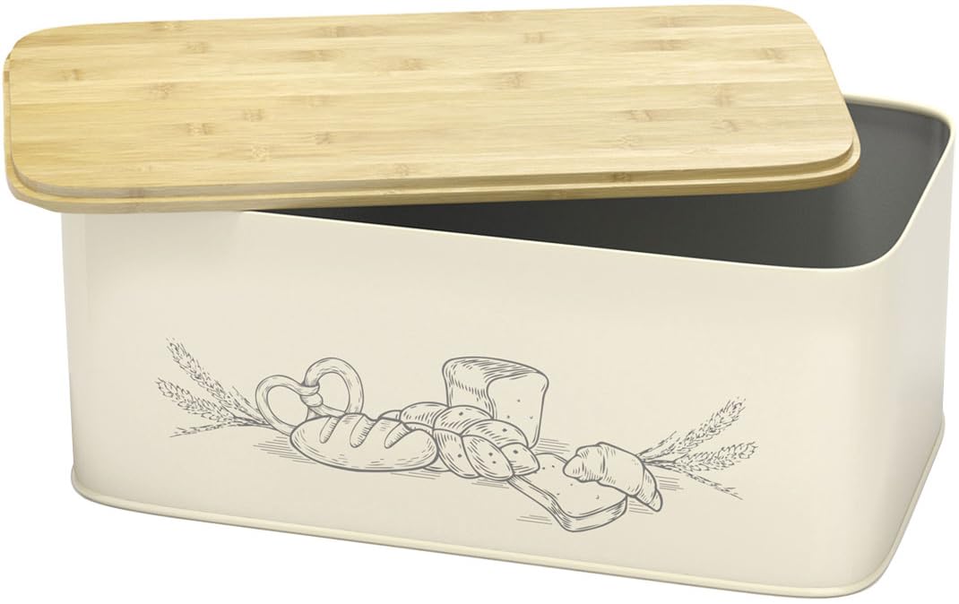 Extra Large Bread Box for Kitchen Countertop with Bamboo Cutting Board Lid - Vertical Space Saving Bread Holder Keeper Holds 2 Loaves - White Cream Farmhouse Breadbox Bread Storage, Bread Container