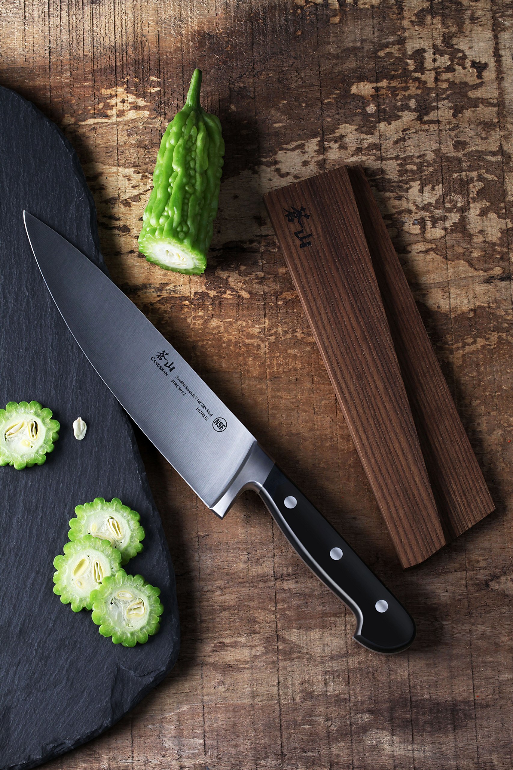 Cangshan TV2 Series 1022735 Swedish 14C28N Steel Forged 8-Inch Chef Knife and Wood Sheath Set