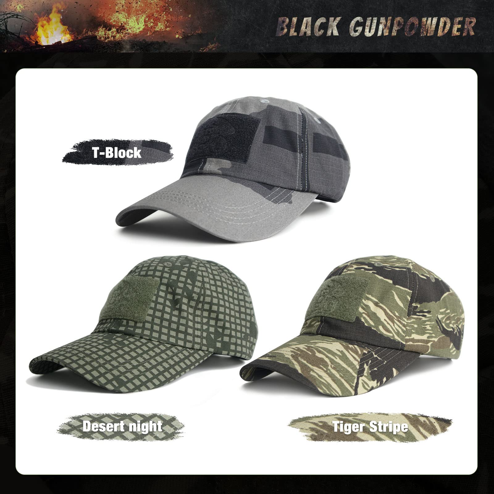 Black Gunpowder Tactical Camo Baseball Cap Tactical Operator Collection Patch Hunting Outdoor Activities (Tiger Stripe)