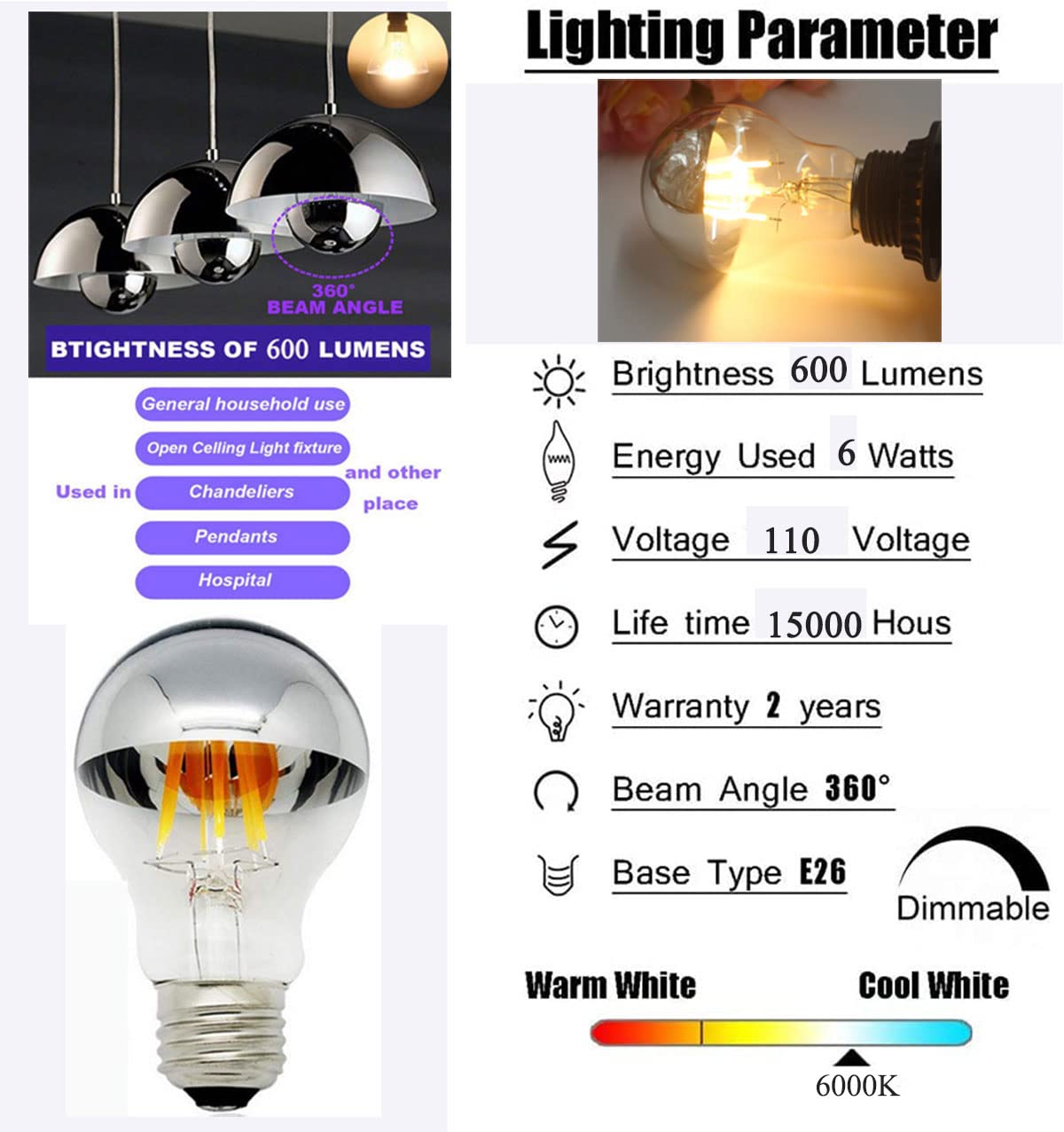 Edearkar A19 Half Chrome Light Bulb 6W Dimmable, E26 Base Daylight White 6000K 60W Equivalent 600lm Decorative Silver Mirror LED Edison Bulb for Indoor Living Room, AC110V, E26 Base, Pack of 4