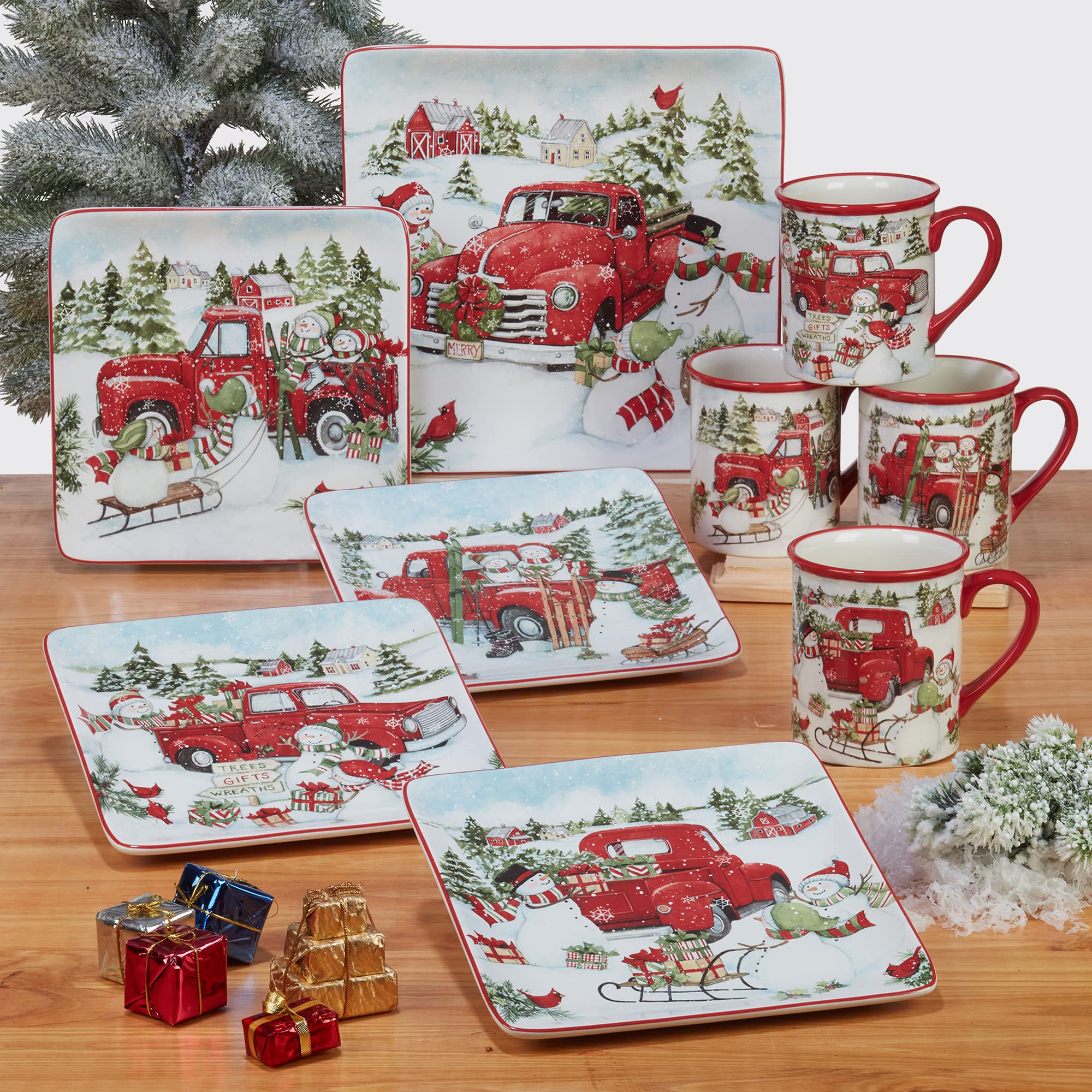 Certified International Red Truck Snowman 16 oz. Mugs, Set of 4, Multicolor