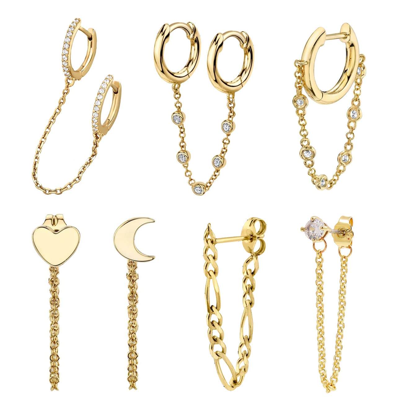 7Pcs Chain Hoop Earrings Chain Stud Earrings Set Gold Plated Dainty Double Piercing Earrings Tassel Chain Drop Dangle Huggie Hoop Earrings for Women