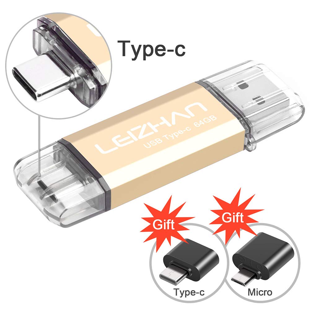 leizhan USB C Thumb Drive 64GB, Type C USB Memory Stick for Samsung Galaxy S10,S9, Note 9, S8, S8 Plus,Google Pixel XL, with USB OTG Adapter Micro and Type-C USB to USB Converter