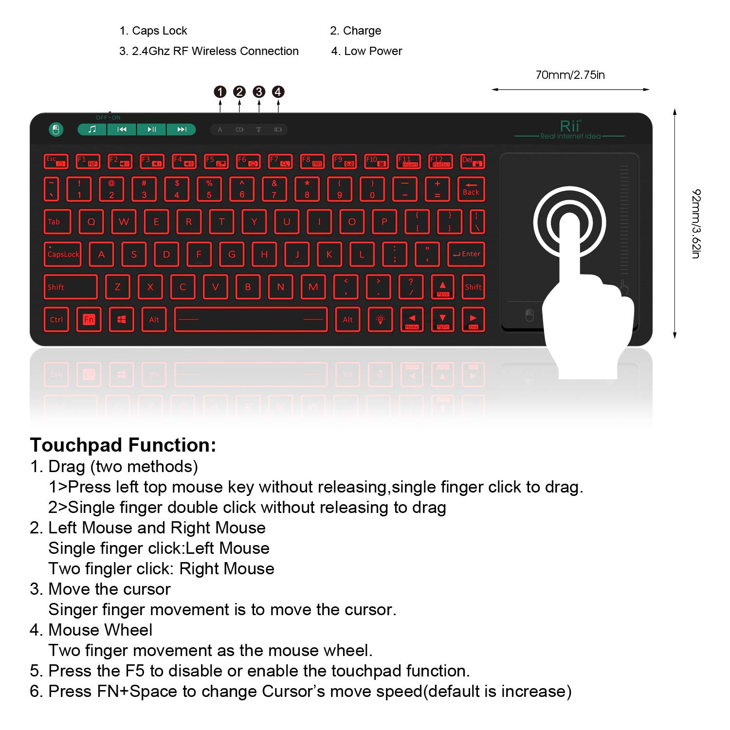 Rii K18 Plus Wireless 3-LED Color Backlit Multimedia Keyboard with Multi-Touch Big Size Trackpad,Rechargable Keyboard for Android TV Box,PC,Smart TV,Xbox,Raspberry Pi, HTPC IPTV,Windows, MacOS (2.4G)