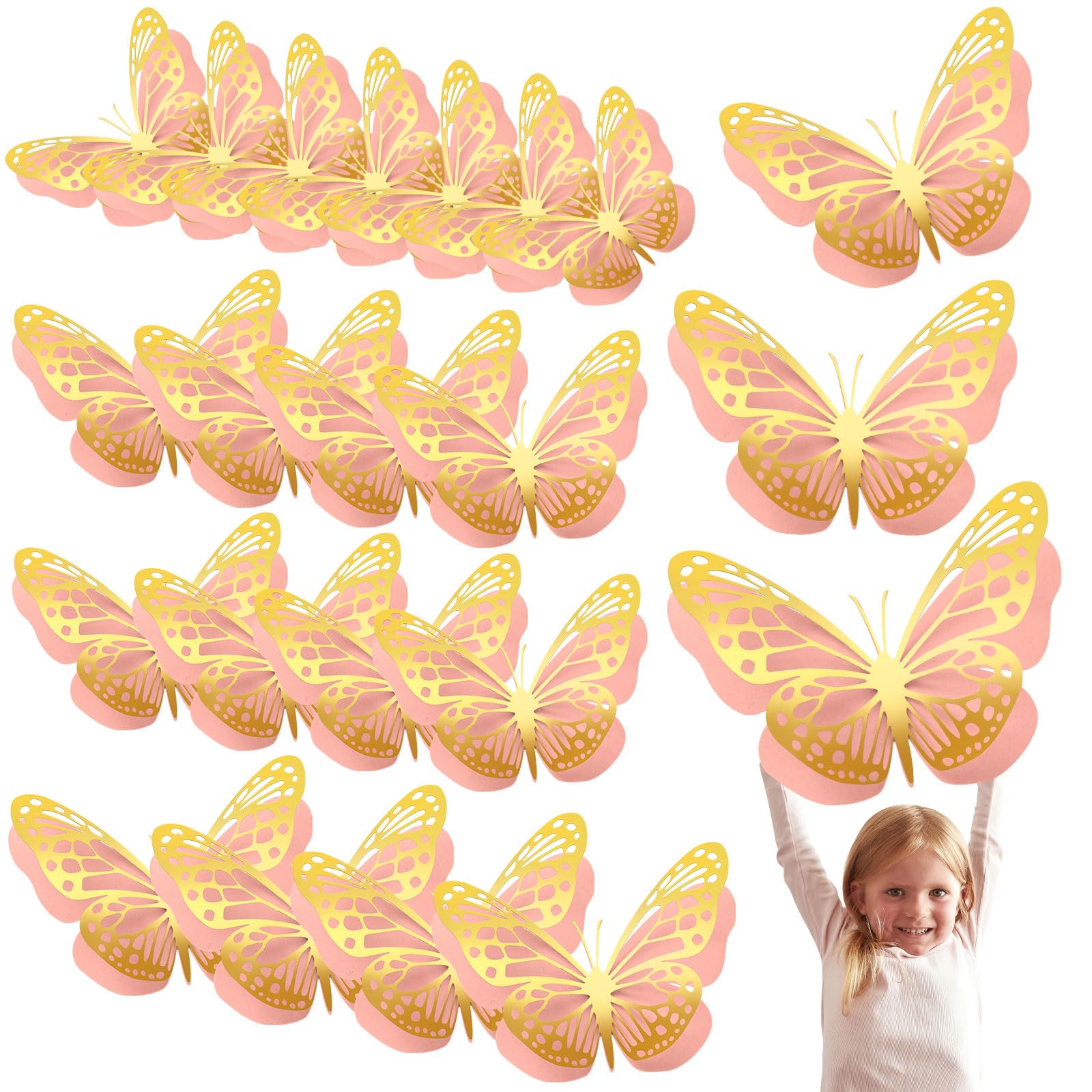 Geosar 20 Pcs 3D Large Butterfly Party Decoration 2 Layer Giant Paper Butterfly Stickers Big Butterfly Wall Decoration Set Large Butterfly for Birthday Baby Shower Nursery (Gold,Pink)