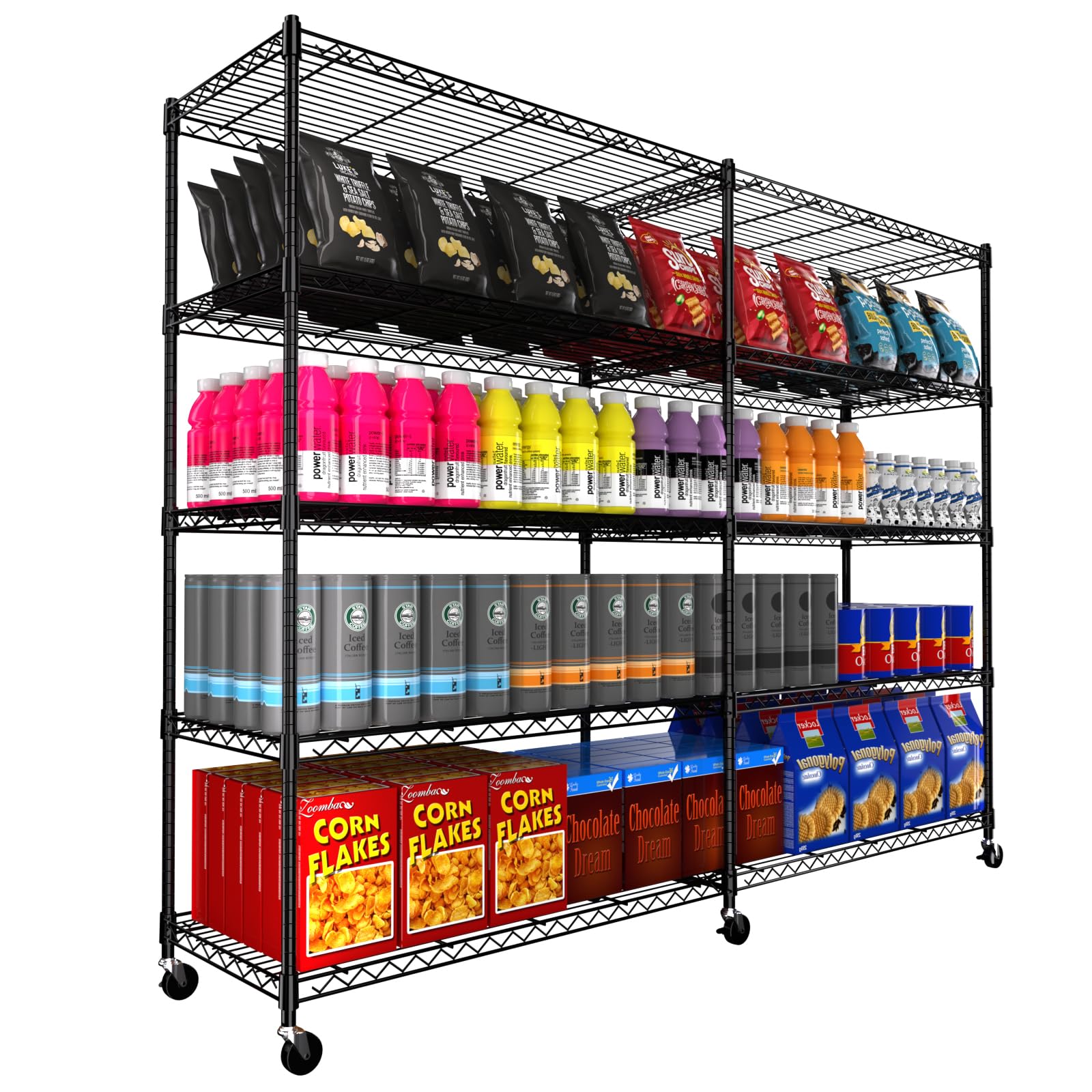 LaCyan 5-Tier 76" H Adjustable Storage Shelving Unit, Heavy Duty Steel Wire Rack with Wheels and Adjustable Feet for Pantry, Garage, Bakers Rack Kitchen Shelving (350 lbs/Shelf), Black