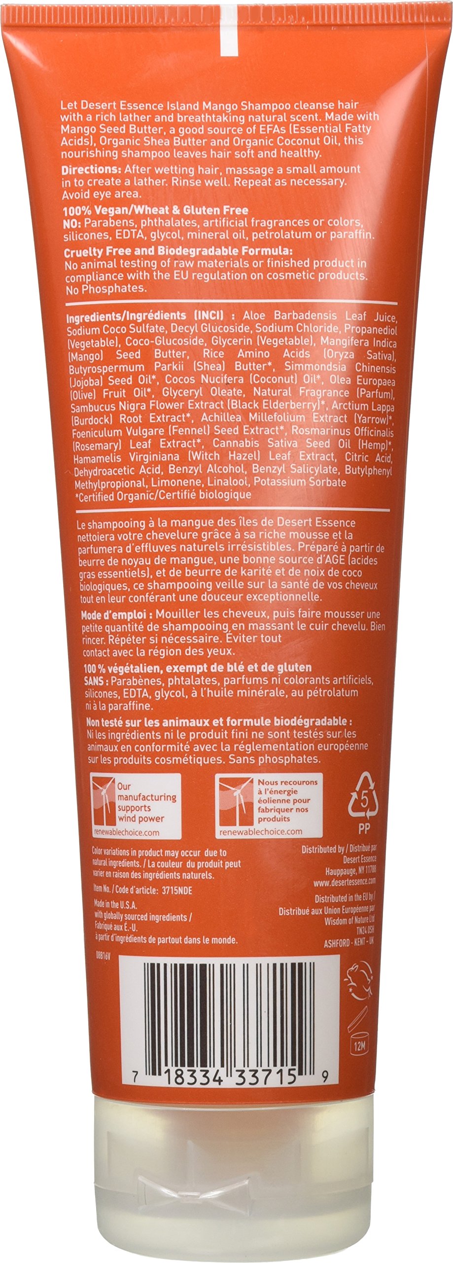 Desert Essence Island Mango Shampoo, 8oz - Rich Repair with Mango Seed Butter, Organic Hemp Oil, Jojoba & Shea Butter - Vegan, Gluten-Free - Tropical Scent