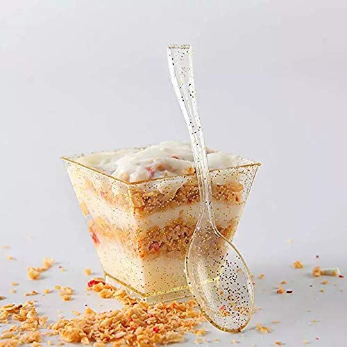 Tebery 100 Pack 8oz Gold Glitter Medium Plastic Dessert Cups With 100 Spoons Square Dessert Bowls for Tasting Party Desserts Appetizers