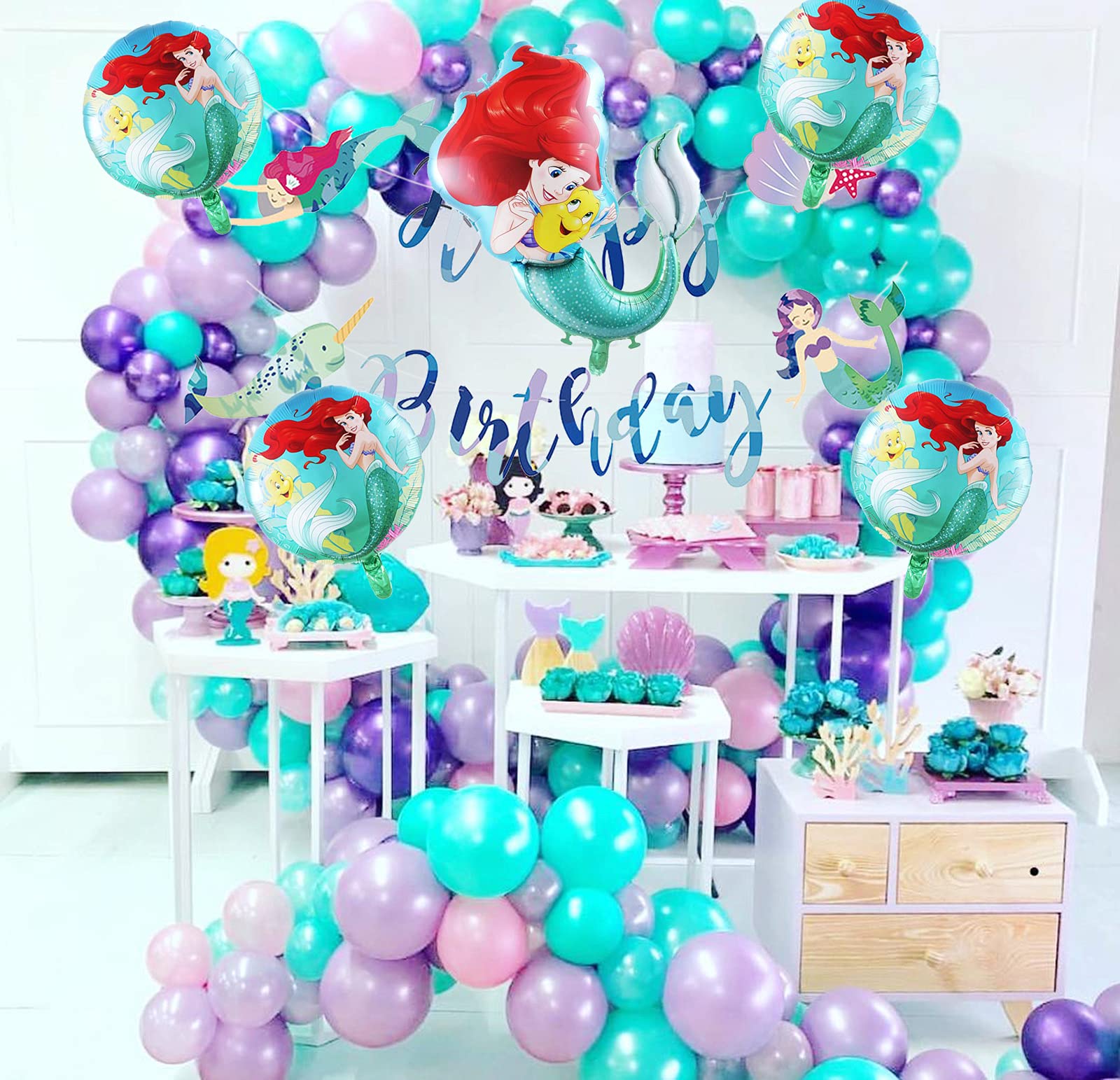 5Pcs Ariel Mermaid Princess Foil Balloons,Little Mermaid Theme Birthday Party Decorations for Girls