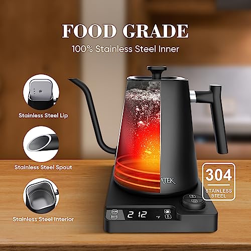 EVATEK Gooseneck Electric Kettle Temperature Control, 1L Electric Tea Kettle with Auto Shut-off, Keep Warm for 1-24h, Dry Burning Protection, 1200W Stainless Steel Pour-Over Coffee Kettle