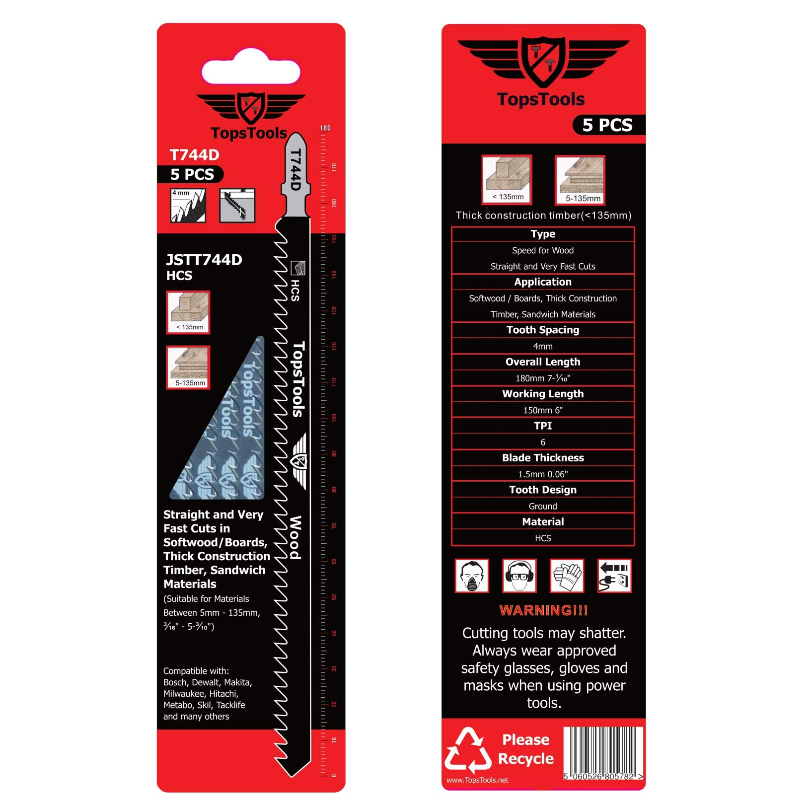 5 x TopsTools JSTT744D T744D 7-1/10" (180mm) Long Clean and Fast Cuts Wood Cutting Jigsaw Blades Compatible with Bosch, Dewalt, Makita, Milwaukee and many more
