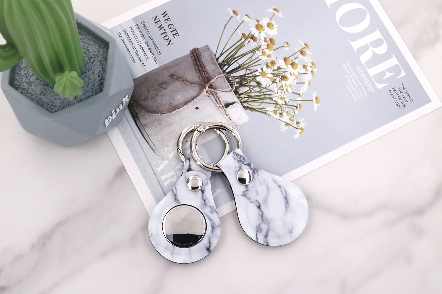 A-Focus 1 Pack Marble Case for Airtag Finder, Cute Stylish Fashion IMD Design Leather Cover with Anti-Lost Keychain Compatible with AirTag Tracker - White Gray Marble