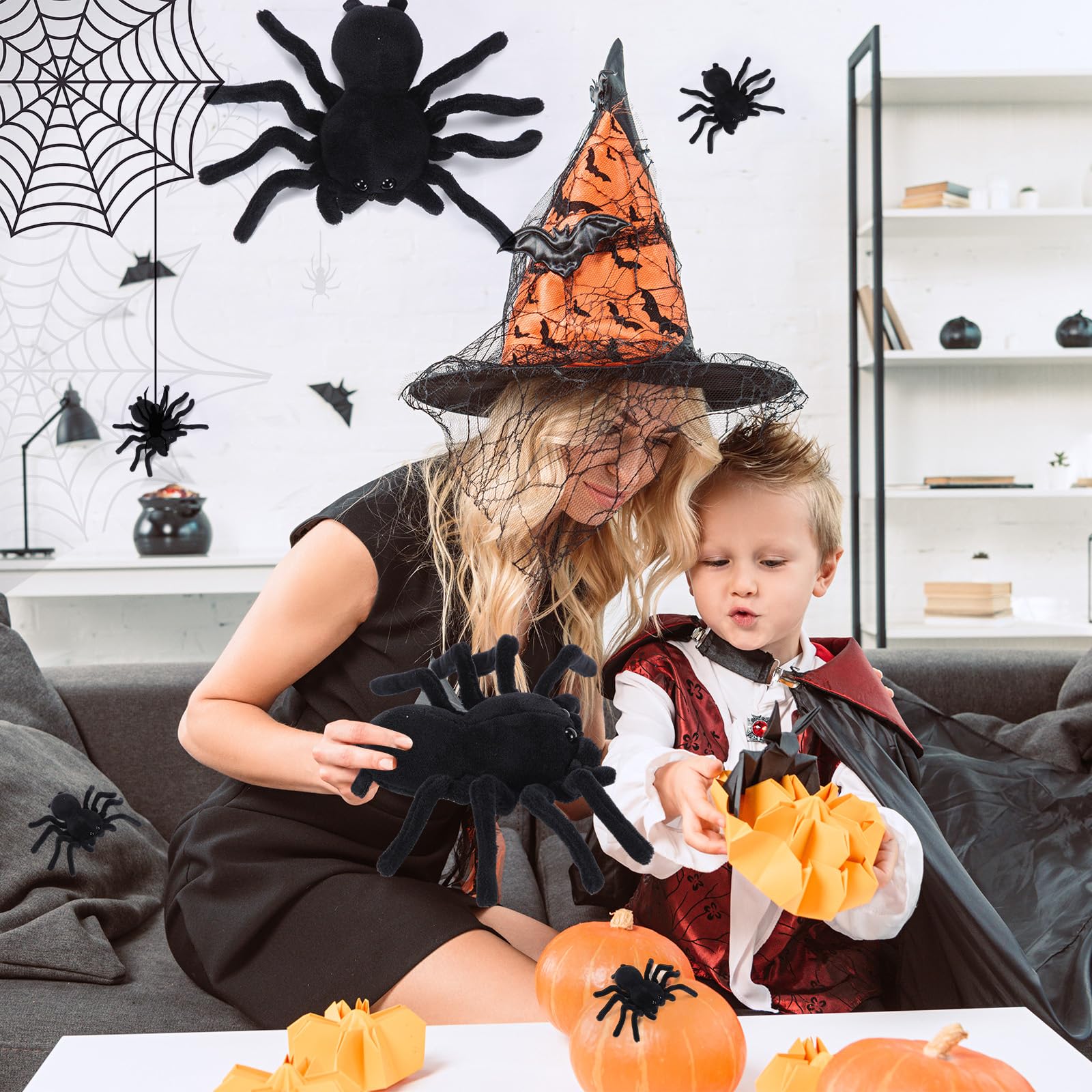 7 Pcs Black Spider Stuffed Animal 1 Giant Mommy Spider Stuffed Animal with 6 Realistic Plush Baby Spiders Plush Spider Pillow Toy Set for Halloween Funny Prank Toy