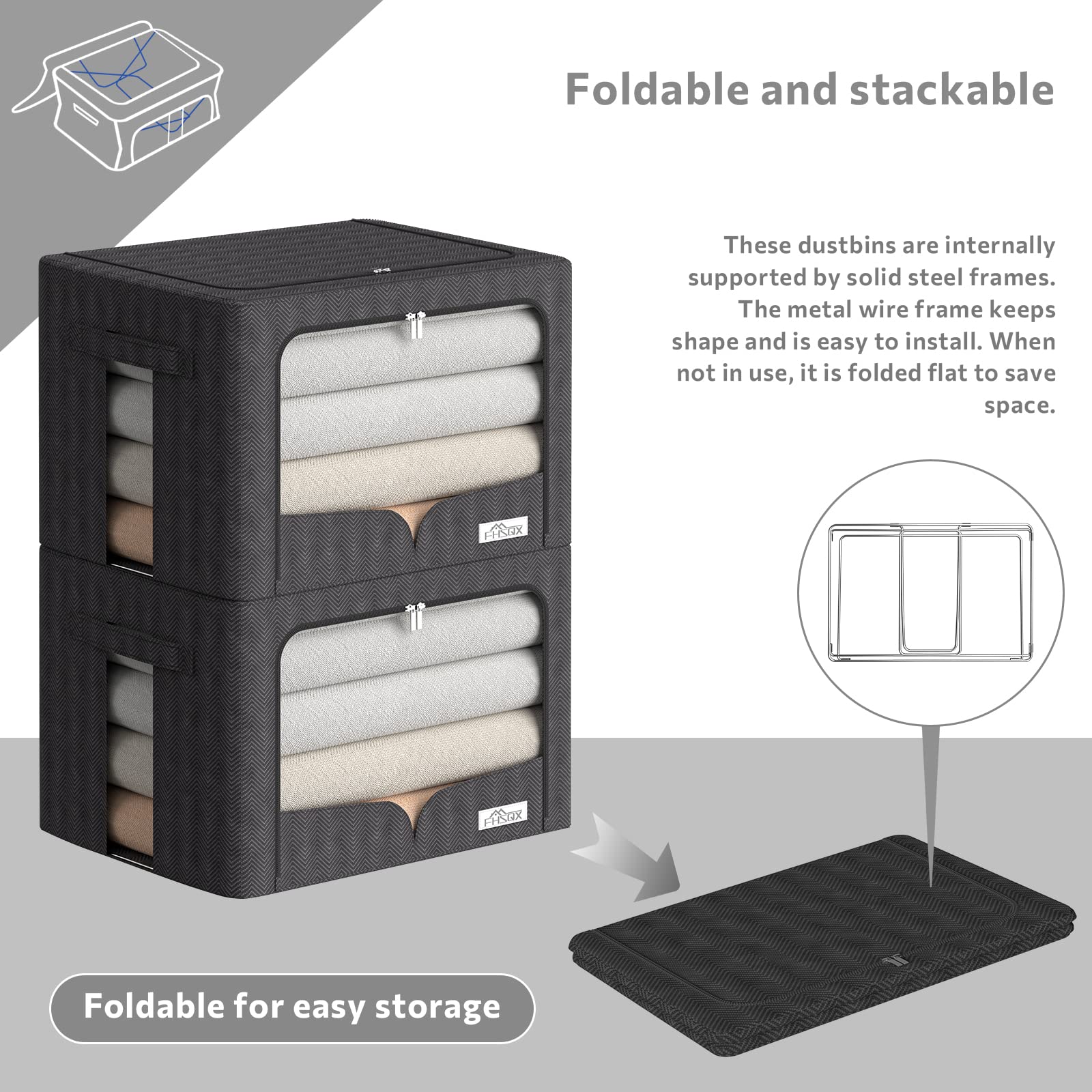 3 Pack Clothes Storage Organizer Bins - Foldable Metal Frame Storage Box Stackable Container Organizer Set with Carrying Handles and Clear Window (Small-22L-15.7x11.8x7.8inch, Black)