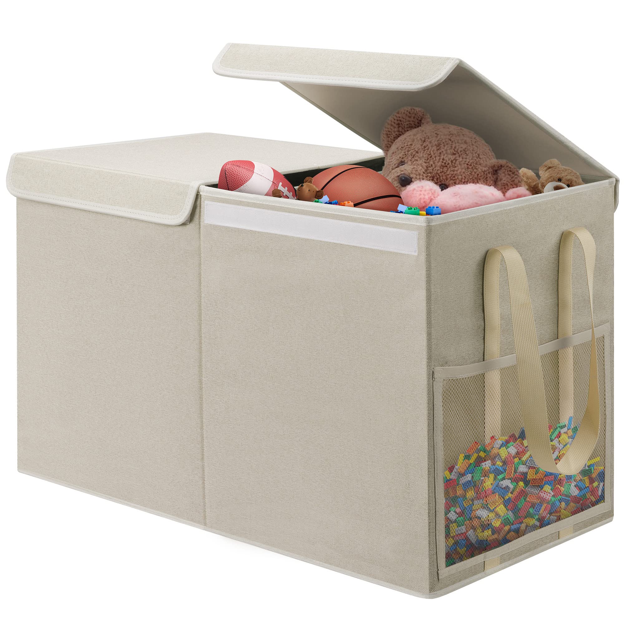 LOVSTORAGE Large Toy Box for Boys Girls Toy Chest Kids Toy Storage Organizer Collapsible Toy Storage Bin Basket with Two Mesh Pockets for Nursery Playroom Bedroom Living Room Organization