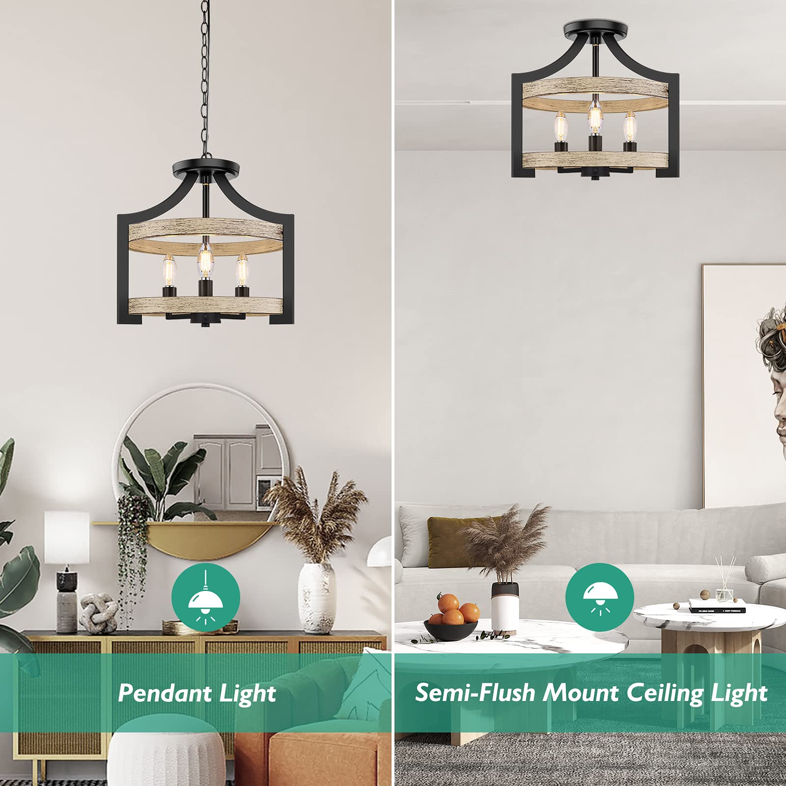 3-Light Rustic Farmhouse Pendant Hanging Light Adjustable Height Max 68in, Convertible Vintage Semi Flush Mount Ceiling Light Fixture Black Metal Chandelier White Birch Wood Finish Kitchen Dining Room