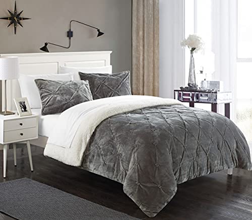 Chic Home 3 Piece Josepha Pinch Pleated Ruffled & Pintuck Sherpa Lined Comforter Set, King, Grey