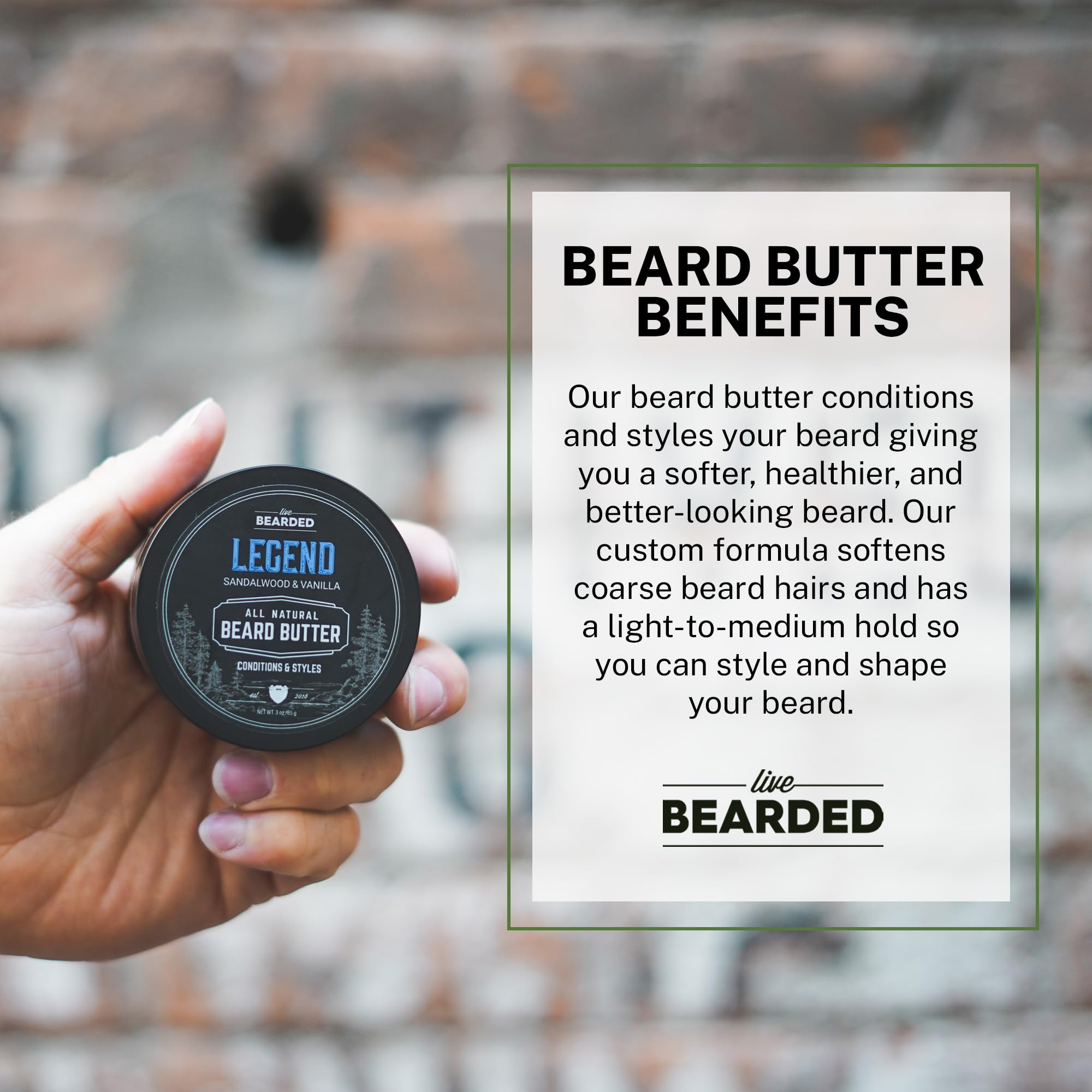 Live Bearded Beard Butter, 3 fl oz - Made in the USA - All-Natural Leave-in Conditioner and Softener with Shea | Legend Scent - Sandalwood, Vanilla